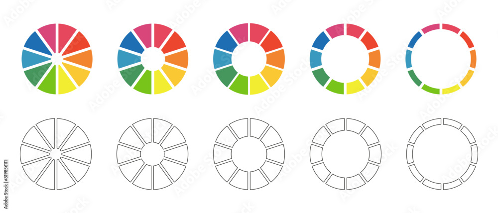 Circle section graph. Set of donut charts, pies segmented on 10 equal ...