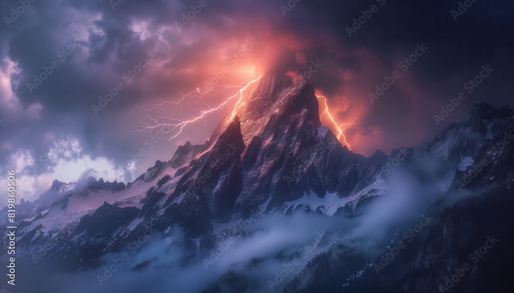 Lightning splitting the sky over the top of the mountain. This ...