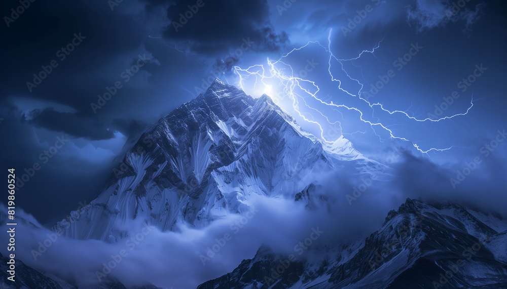 Lightning splitting the sky over the top of the mountain. This ...
