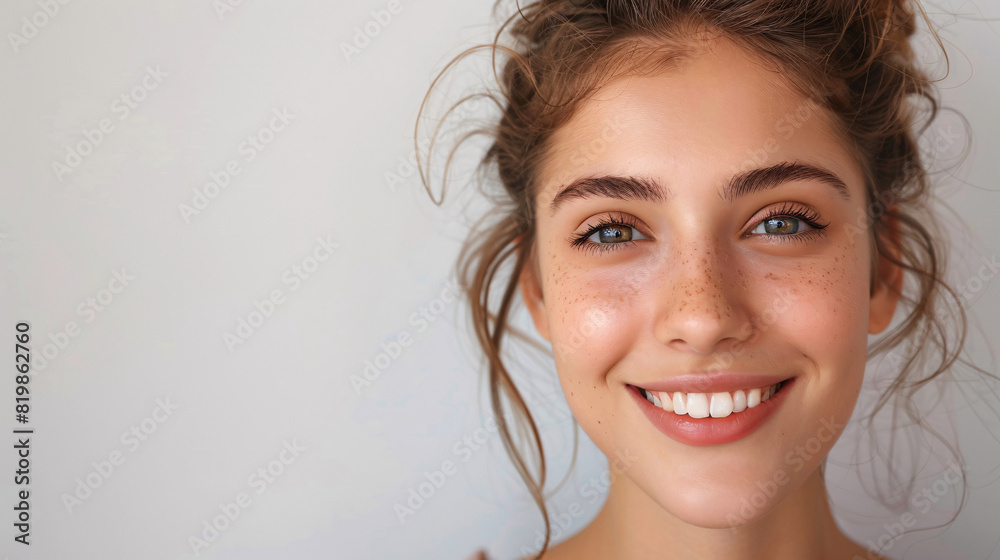 Positive and cheerful female model with a fresh and happy look ...