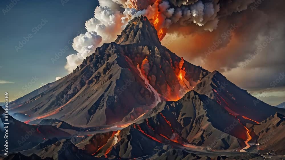 Erupting volcano with flowing lava and billowing smoke in a hyper ...