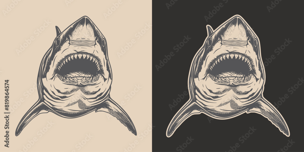 Vintage retro engraving woodcut style sketch draw paint of shark sea ...