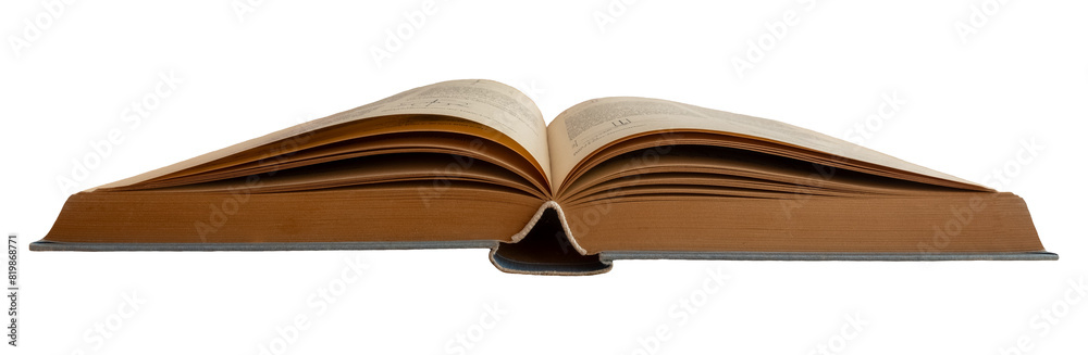 Side view of an ancient old book with open yellowed pages, isolated ...