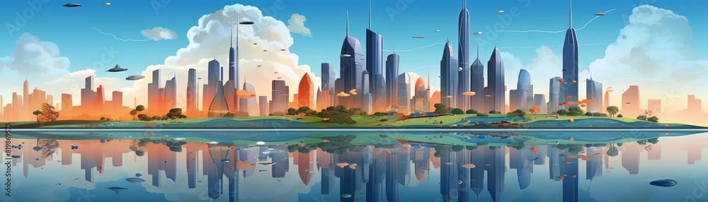 giant squid and skyscraper mirroring each other in water flat design ...