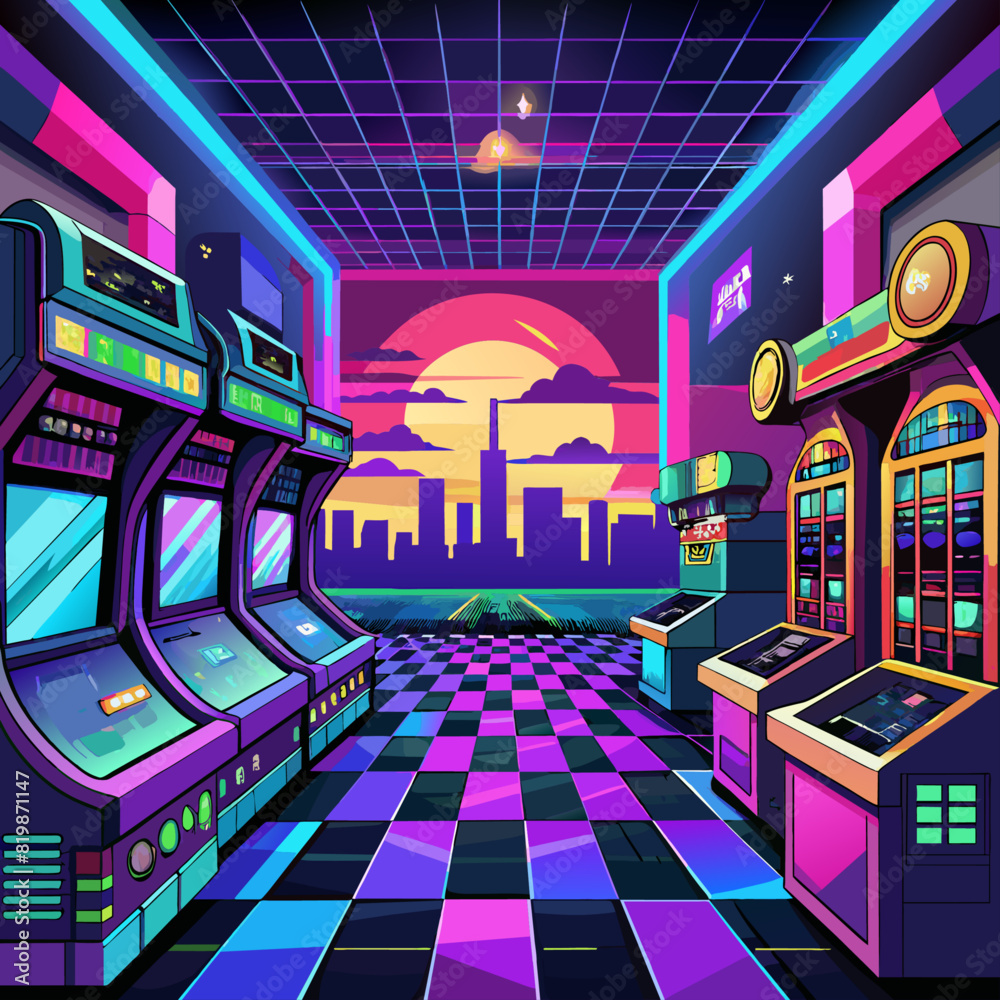 Neon-lit retro arcade game backgrounds with vibrant pixel art for gaming or nostalgia themes ...