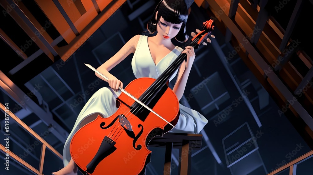 geisha in a maid outfit playing a shamisen in a jazz bar flat design ...
