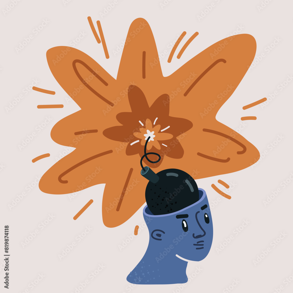 Cartoon vector illustration of Emotional stress, anger and impulsive emotions, holding a burning ...