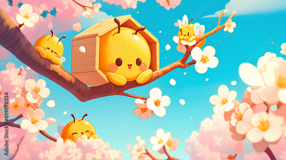 Cute kawaii beehive on tree 2D illustration Stock Illustration | Adobe ...