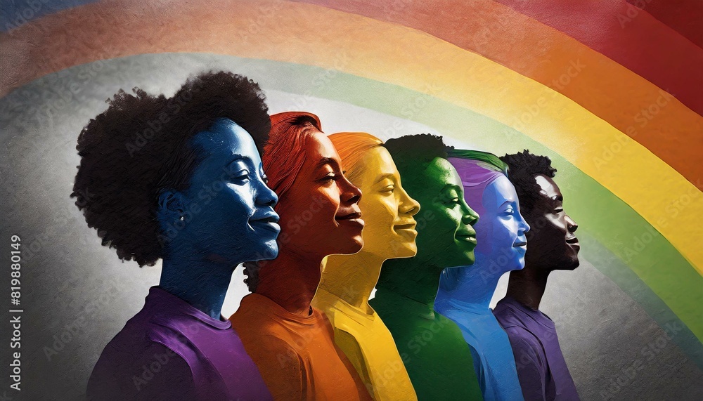 queer people on the background of the lgbt flag, shadows and ...