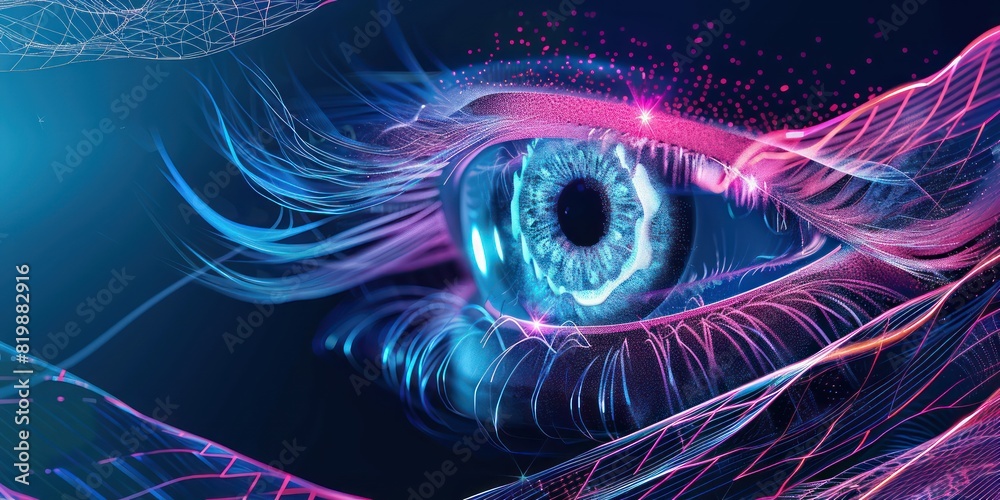 Futuristic digital eye wave lines background with a neon color palette ...
