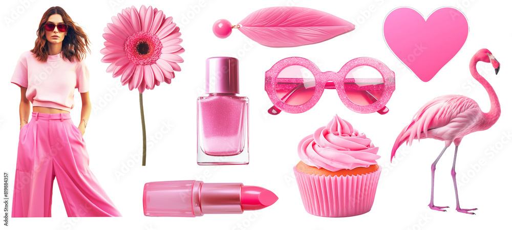 Set of pink fashion objects and model on png background. Ideal set for ...