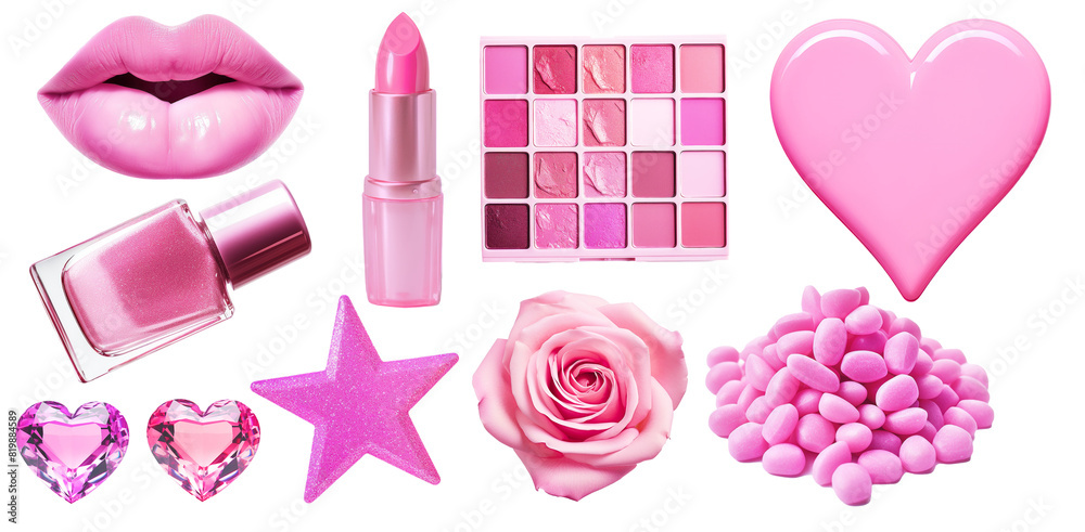 Set of pink fashion make-up objects on png background. Ideal set for ...