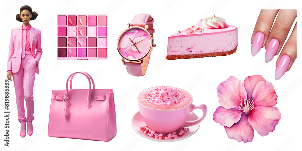 Set of pink fashion objects and model on png background. Ideal set for ...