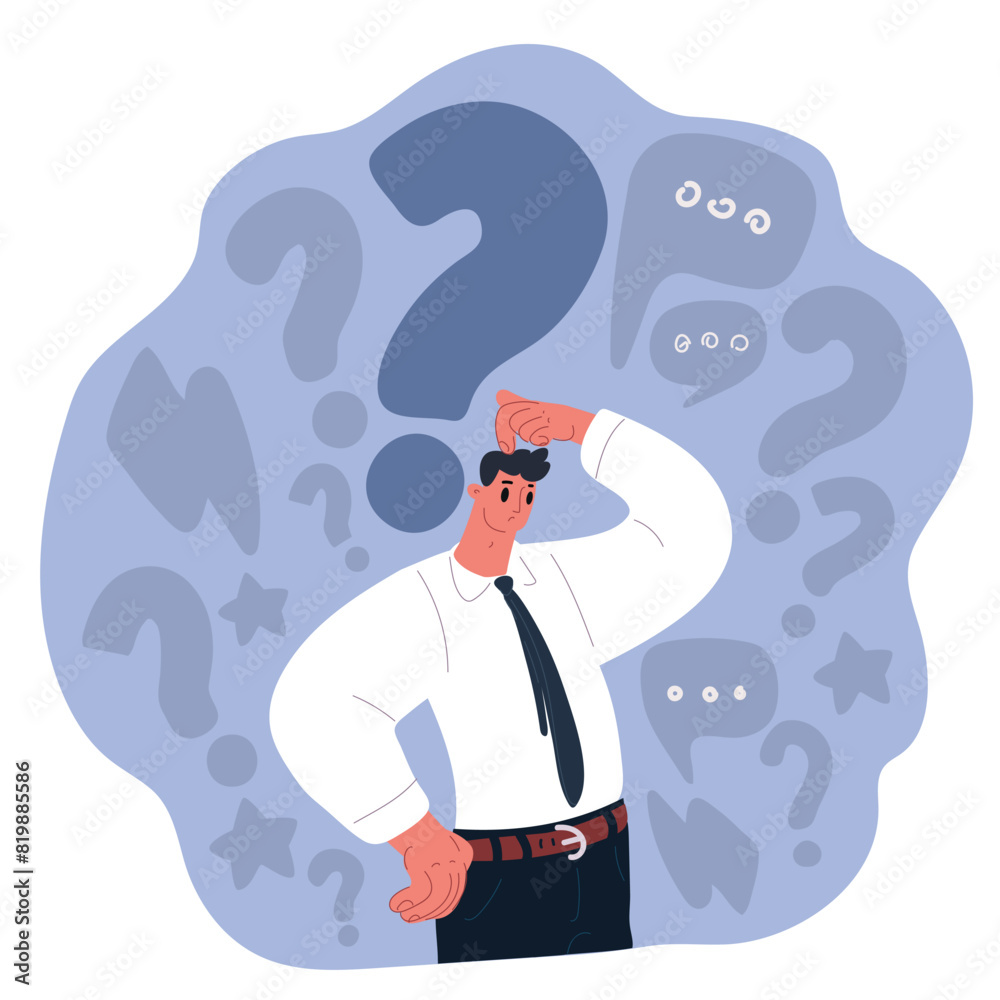 Cartoon vector illustration of person doubts, businessman doubts ...