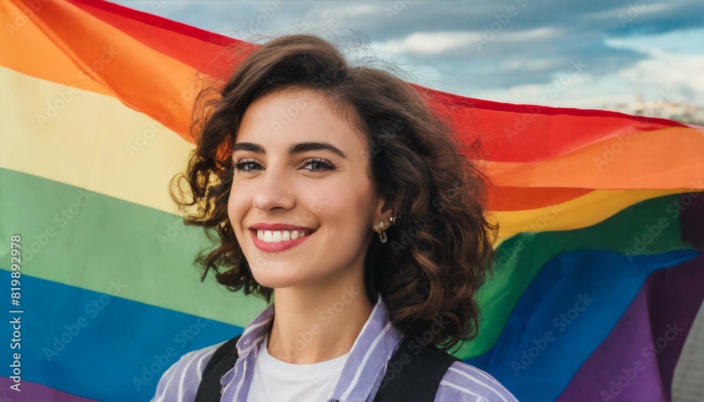 attractive woman close up next to the lgbt flag, queer pride month ...