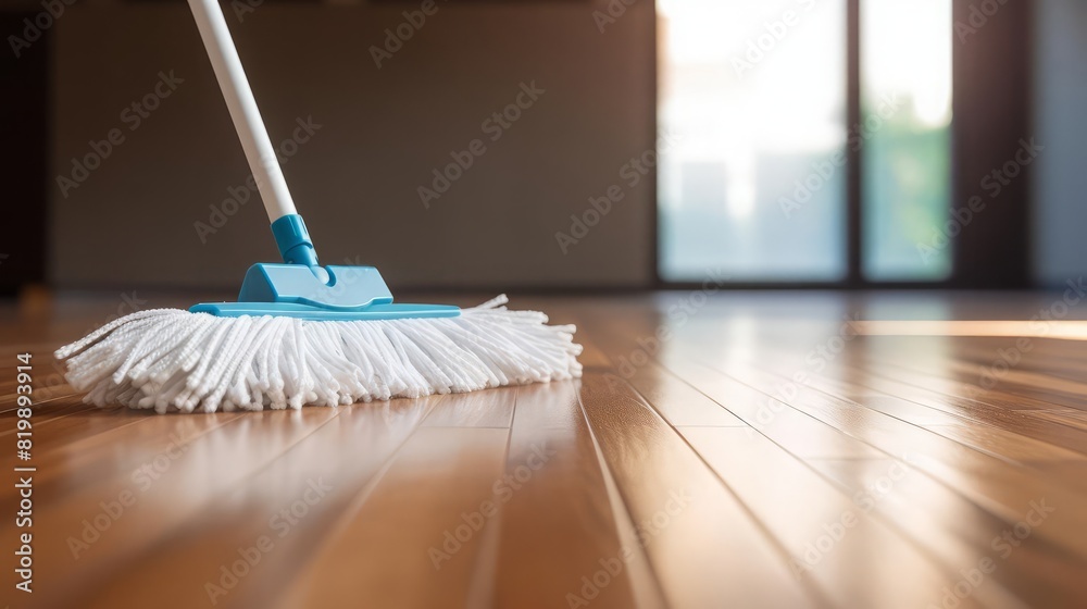 White mop cleaning a wooden floor, close up, household chores ...