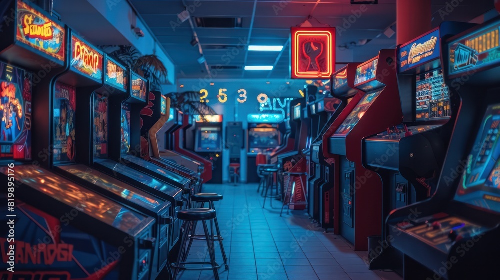 a retro-themed game room with vintage arcade games, neon signage, and ...