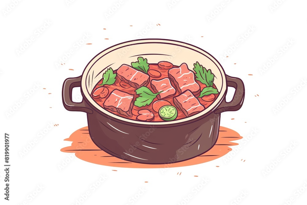 A cartoon image of a pot of stew with chunks of meat and vegetables ...