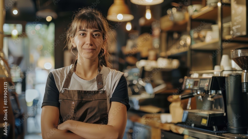 An energetic barista poses proudly at the espresso station, her crossed ...