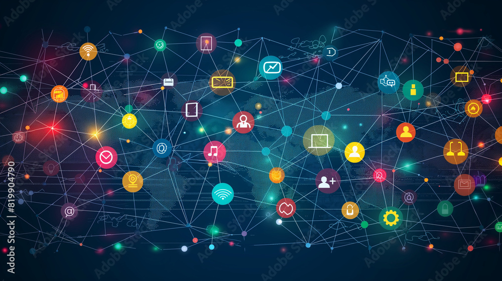 vector illustration of a connected social network. Brightly coloured ...