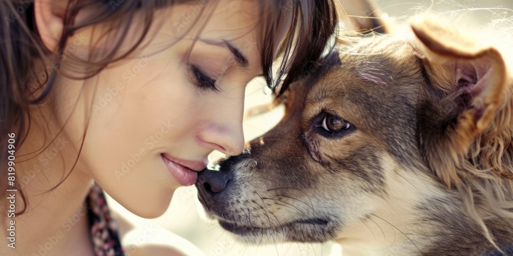 National mutt day. Portrait Female hugging her dog. Tender moment ...