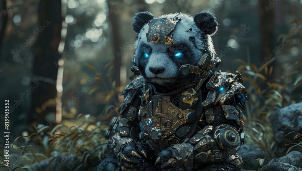 3d rendering of an angry panda with broken armor, blue eyes and golden ...