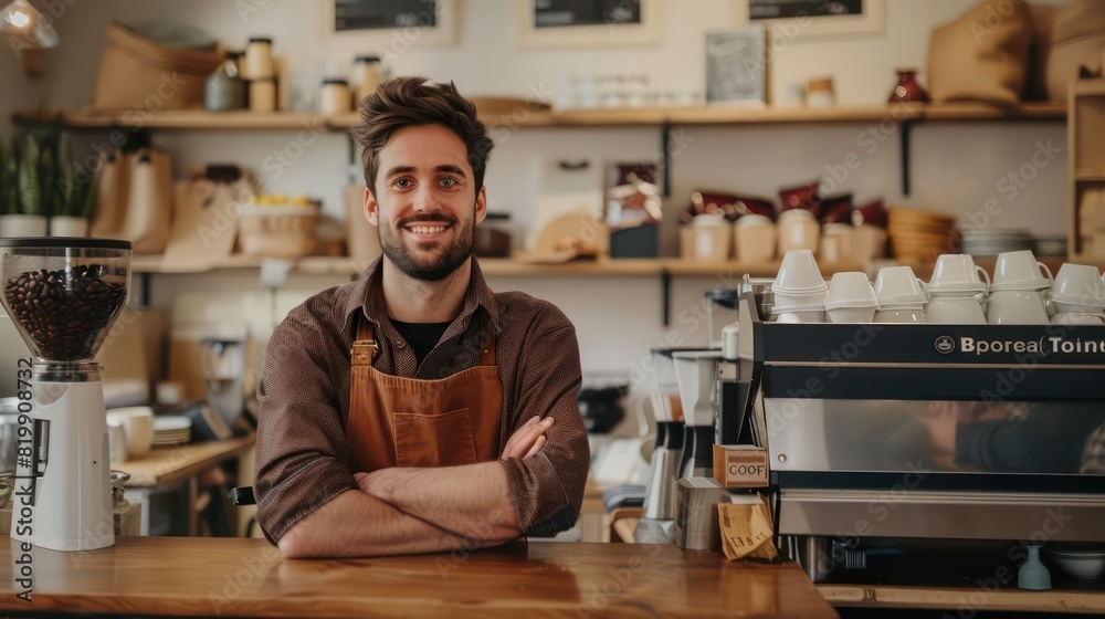 An enthusiastic young coffee shop owner poses proudly at the counter ...