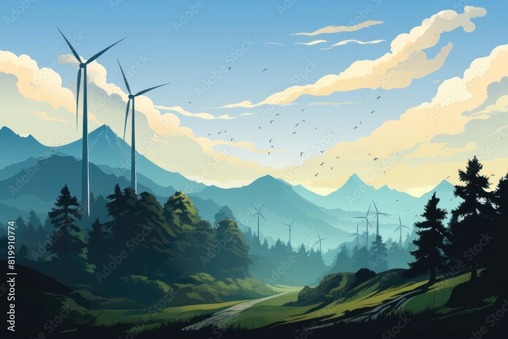 Wind Turbines Windmill Energy. wind turbines 2d illustration. green ...