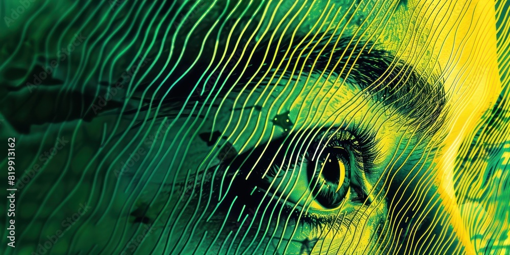 Abstract digital eye wave lines pattern in shades of green and yellow ...