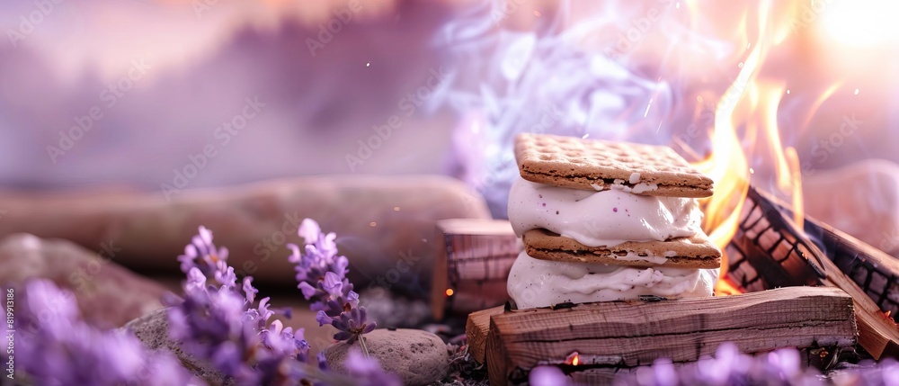 Smores being roasted over a campfire,with Pastel Lavender background ...