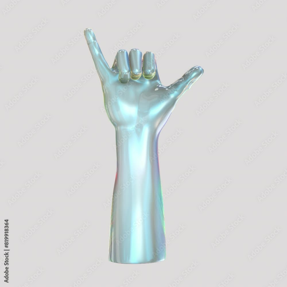 3d holographic crhome textured surf hand animation rotating on ...