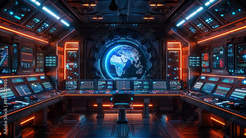 Sci-fi technology background image, Advanced control room with a ...