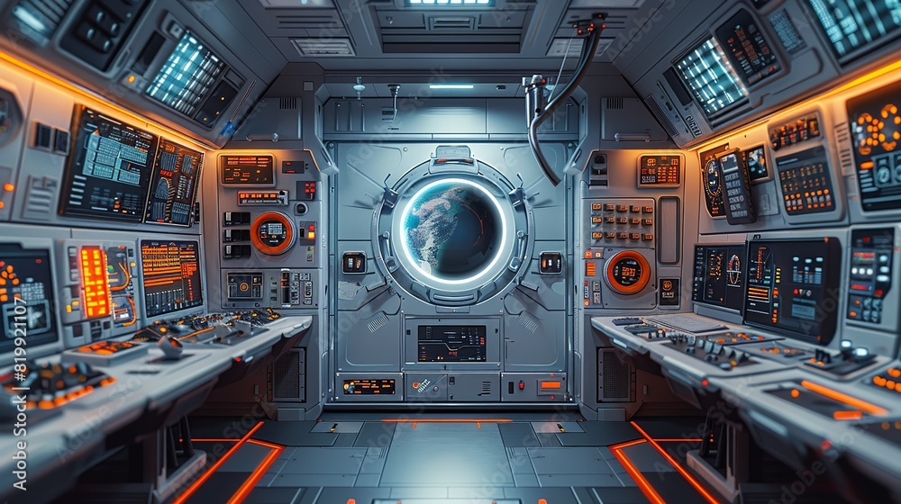 Sci-fi technology background image, Control room with an array of ...