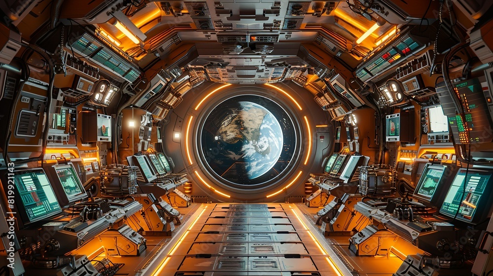 Sci-fi technology background image, Control room with an array of ...