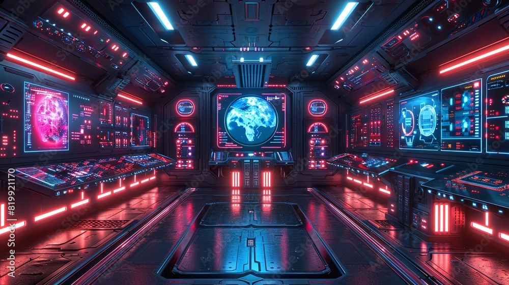 Sci-fi technology background image, Control room with an array of ...