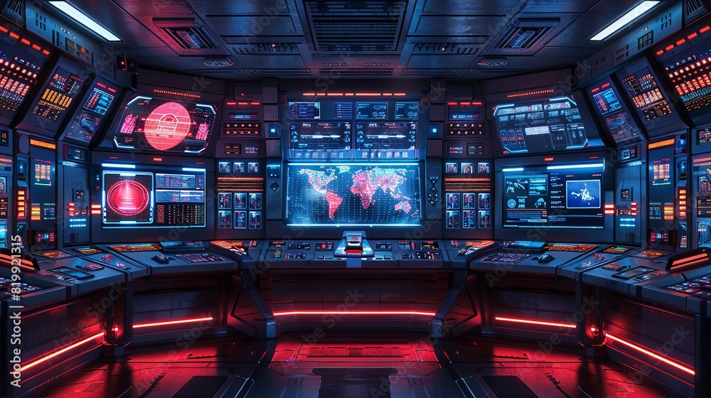 Sci-fi technology background image, Control room with an array of ...