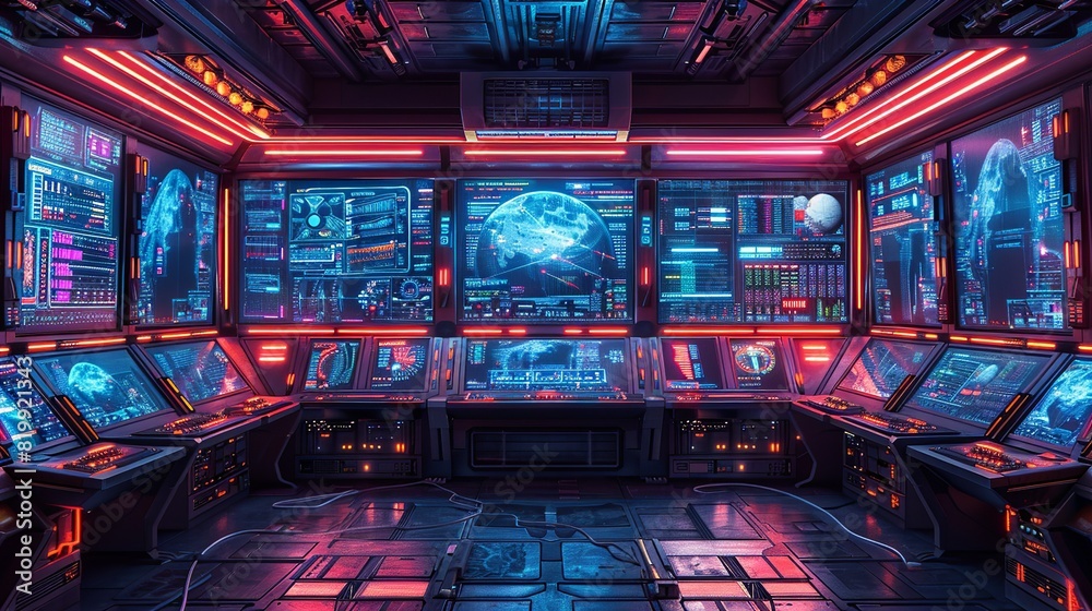 Sci-fi technology background image, Control room with an array of ...