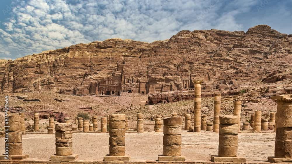 Royal tombs in front of Al Khubtha mountain, columns of the Great ...