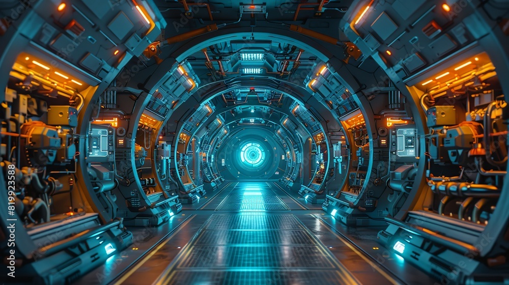 Sci-fi technology background image, Spacecraft engine room with complex ...