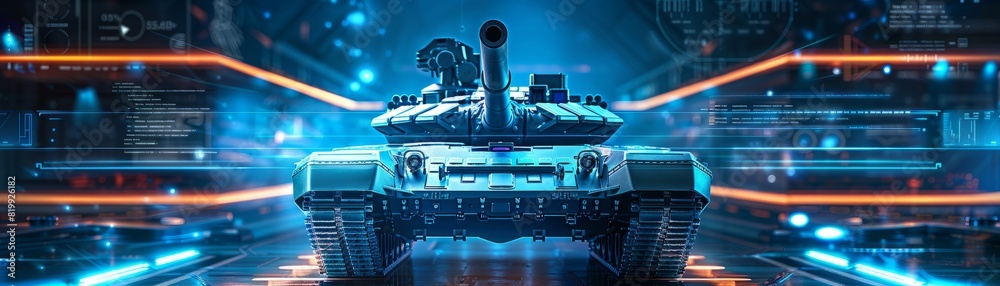 Futuristic military tank in a high-tech environment with digital ...