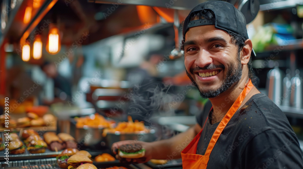 Indian smiling burger chef making smash burger wearing orange apron ...
