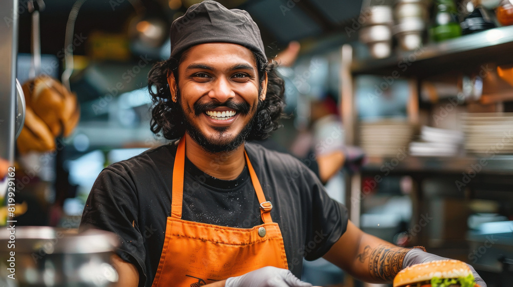 Indian smiling burger chef making smash burger wearing orange apron ...