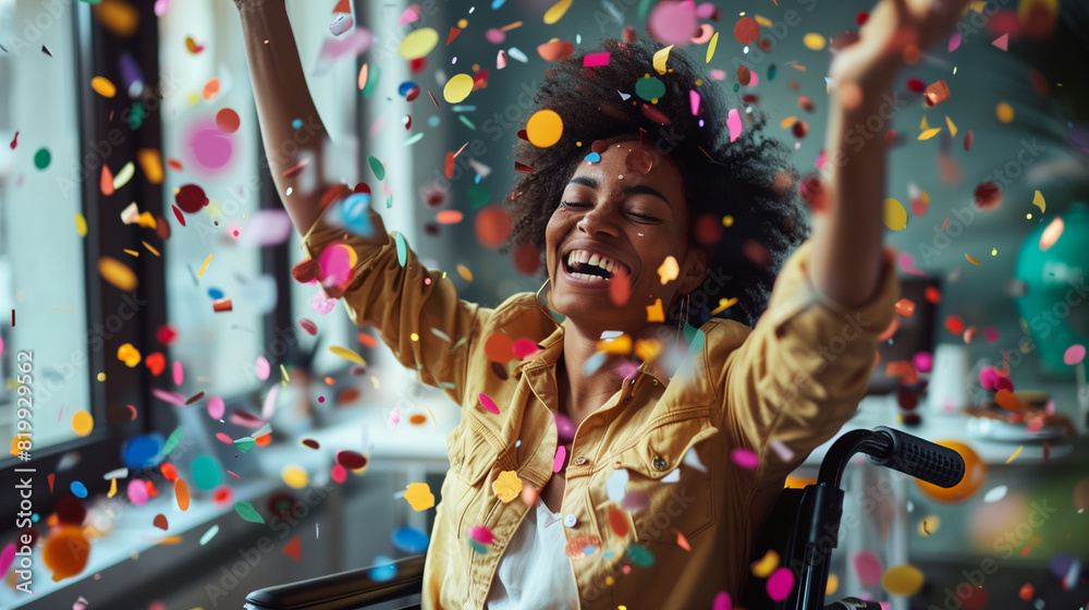 Happy disabled black woman in a wheelchair winning. African american ...