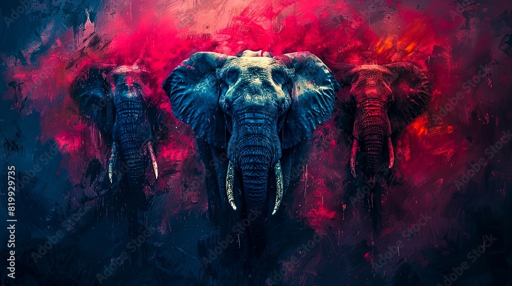 Vibrant digital art of three elephants with bold, colorful background ...