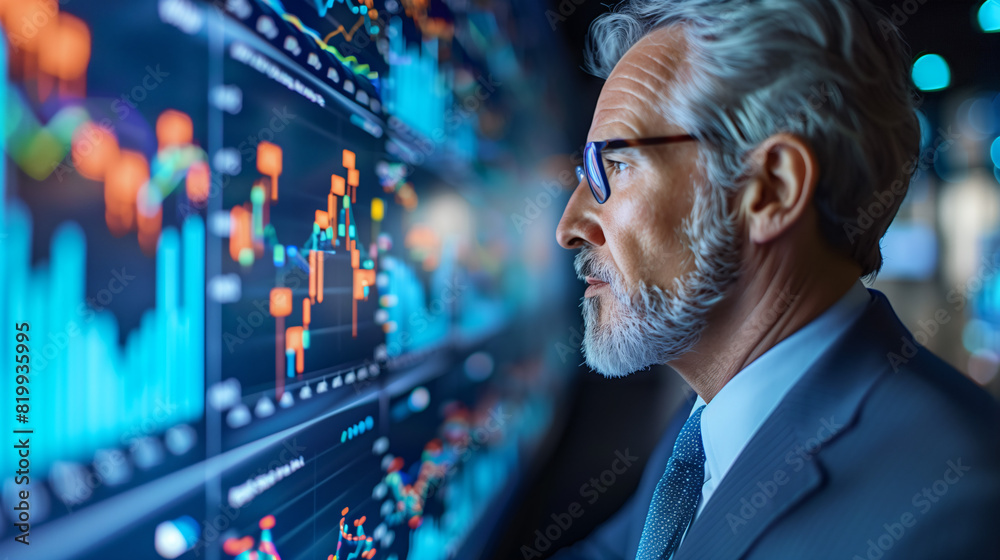 old and wise banker with glasses and white beard standing very close to ...