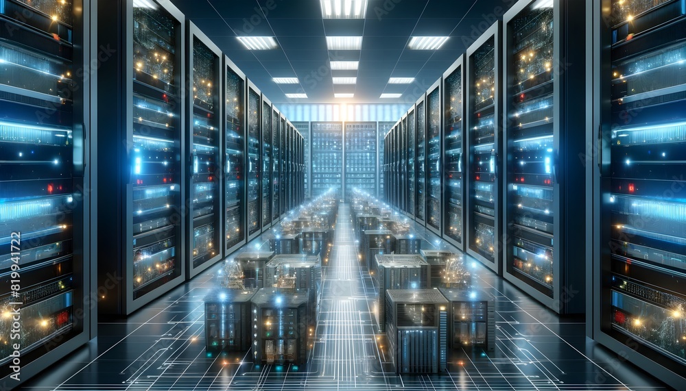 The image shows a modern data center with rows of server racks. The ...