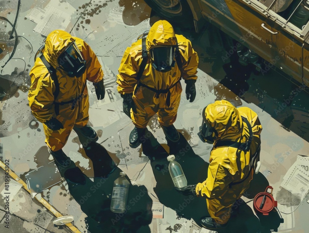 Emergency responders in hazmat suits decontaminating a public area, top ...