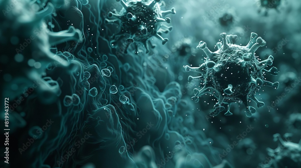 A digital simulation of a virus classified as a biohazard, side view ...