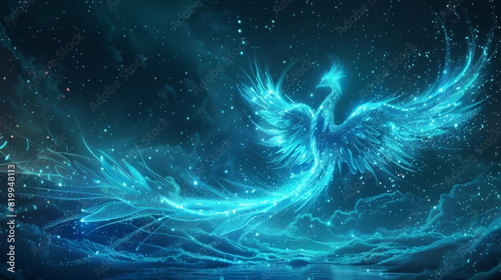 Glowing Blue Phoenix Bird with Sparkling Particles in Starry Night Sky ...