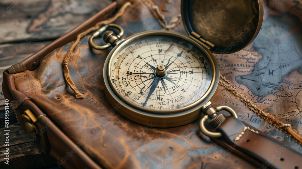 A vintage compass placed on an old map, evoking a sense of adventure ...